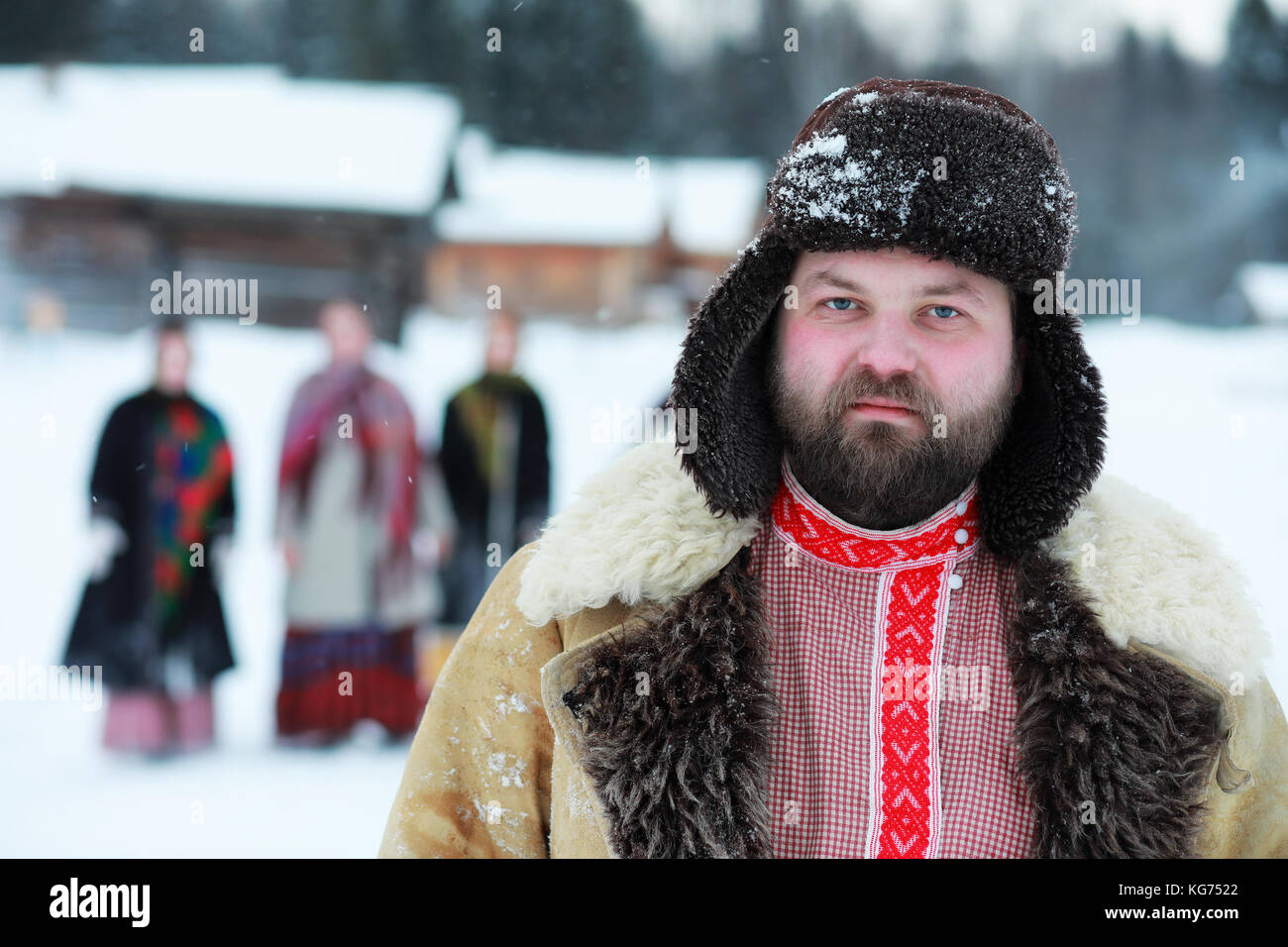 Beard man in traditional winter costume of peasant medieval age in ...
