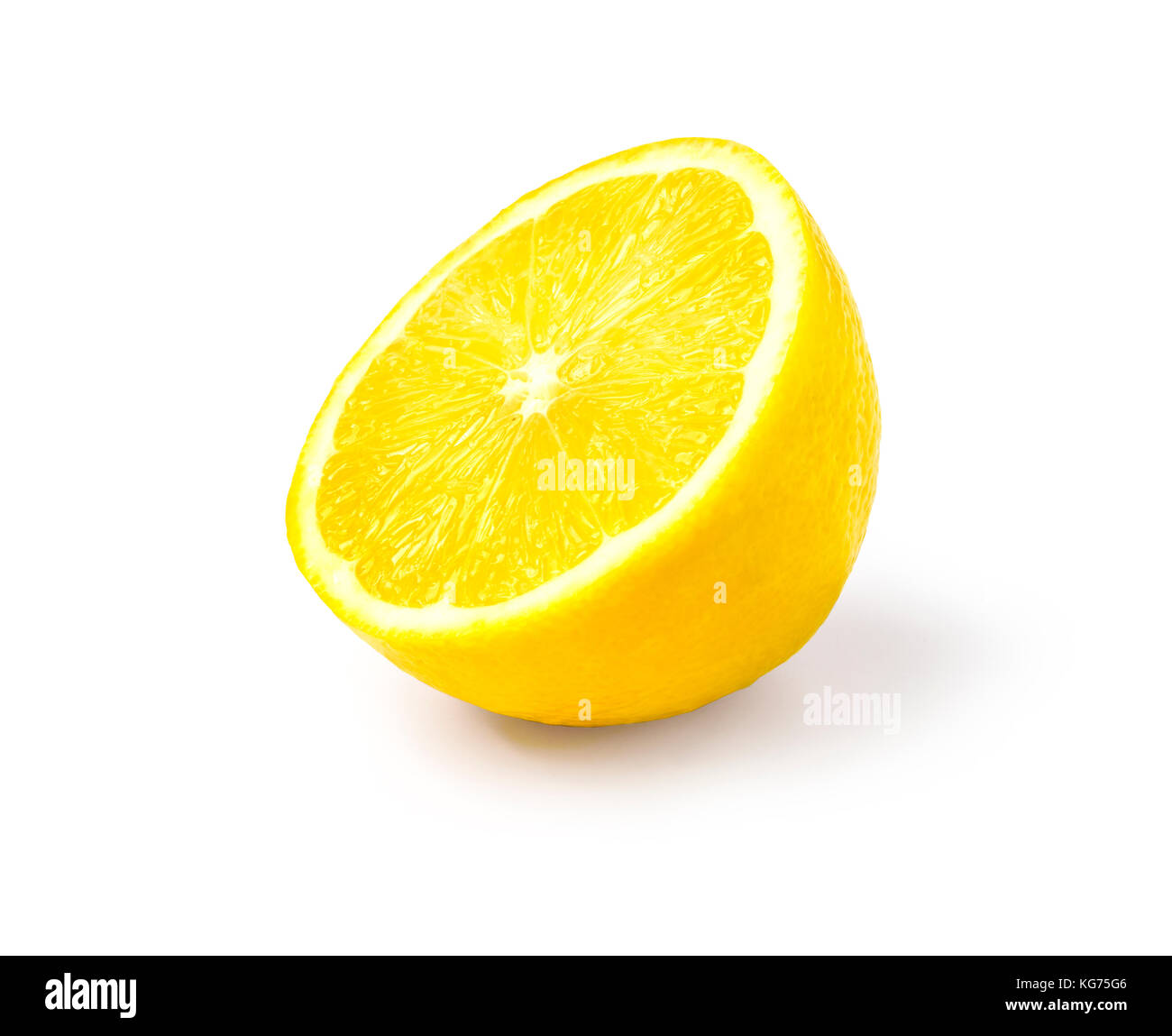 Juicy yellow slice of lemon, white background, isolated with clipping ...