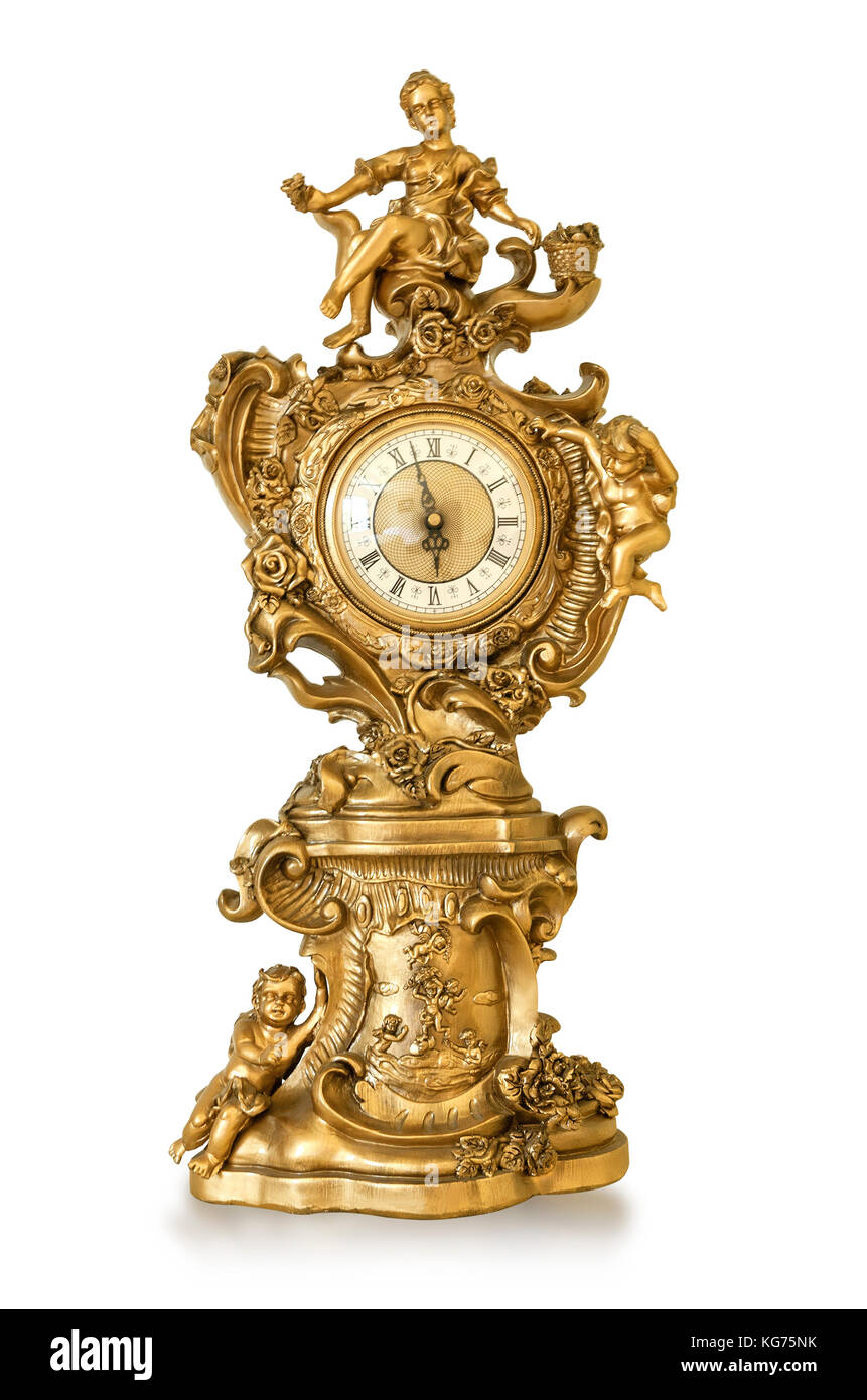 Vintage antique golden clock, isolated on white with clipping path ...