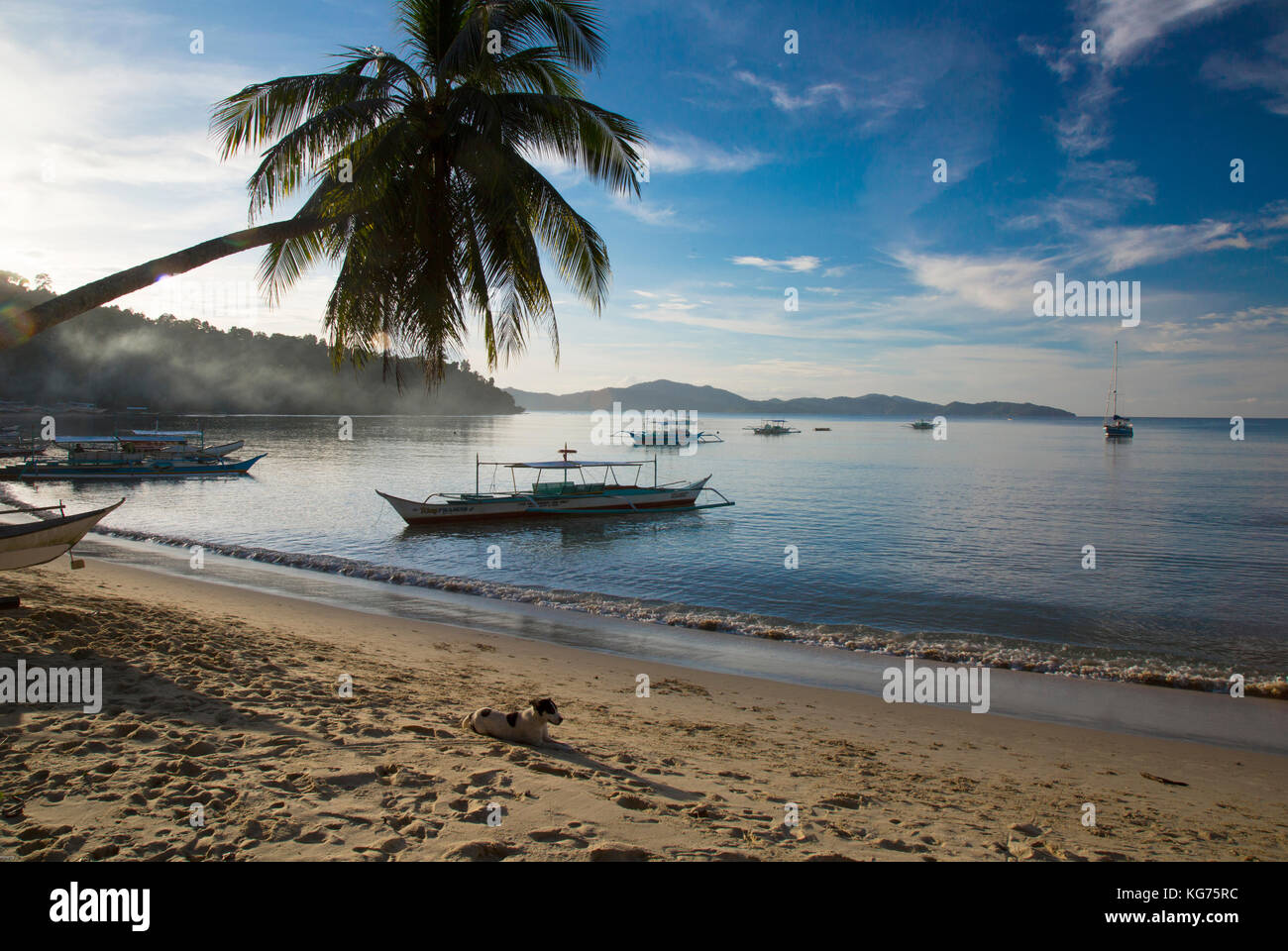 Port Barton beach with outrigger island hopping boats, Palawan ...