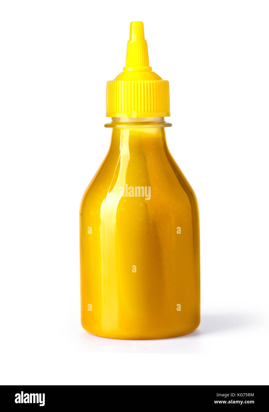 A yellow mustard bottle against a white background with clipping path ...