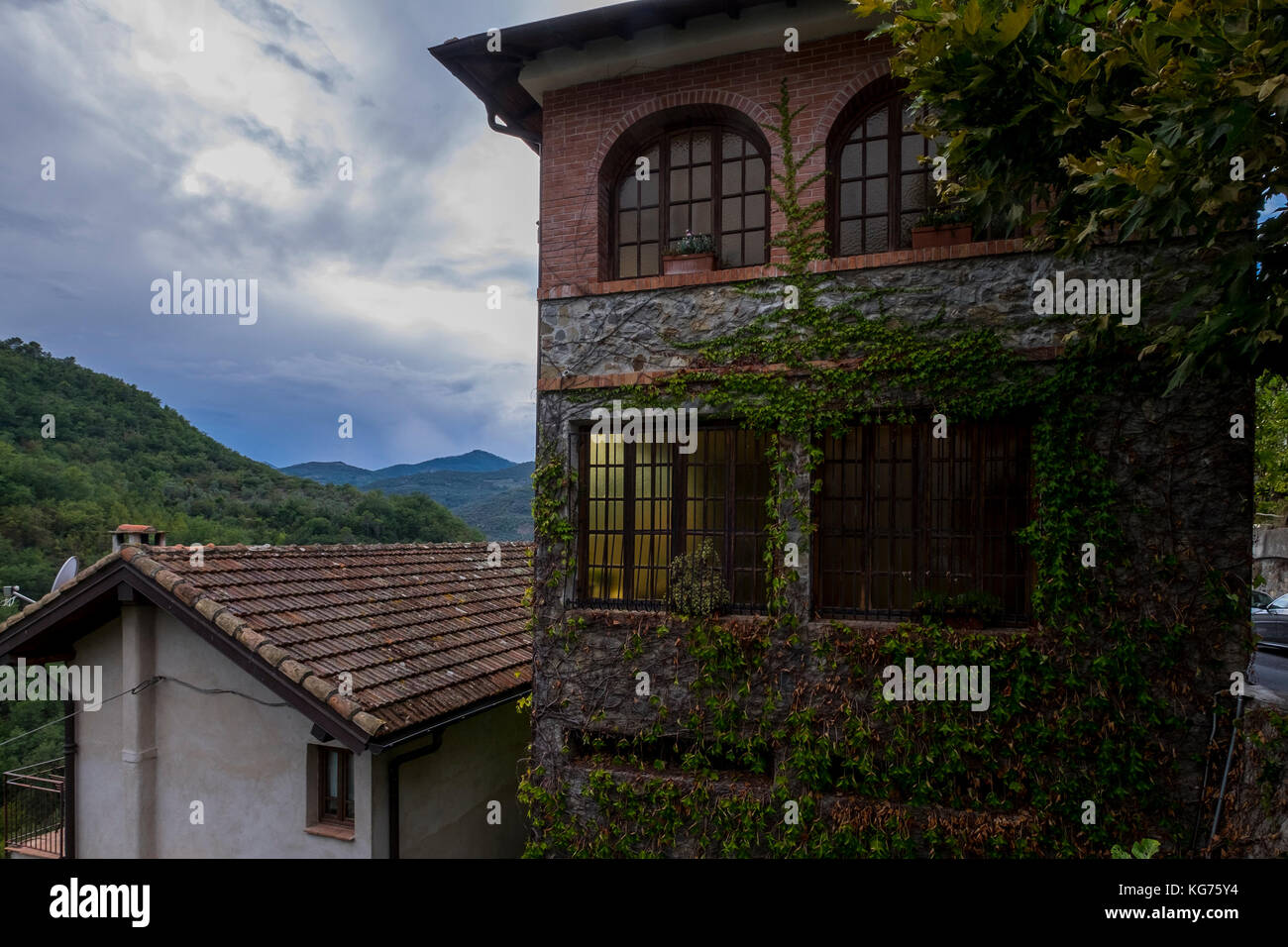 A view of the village of Apricale, Italy. Apricale is a town in the ...