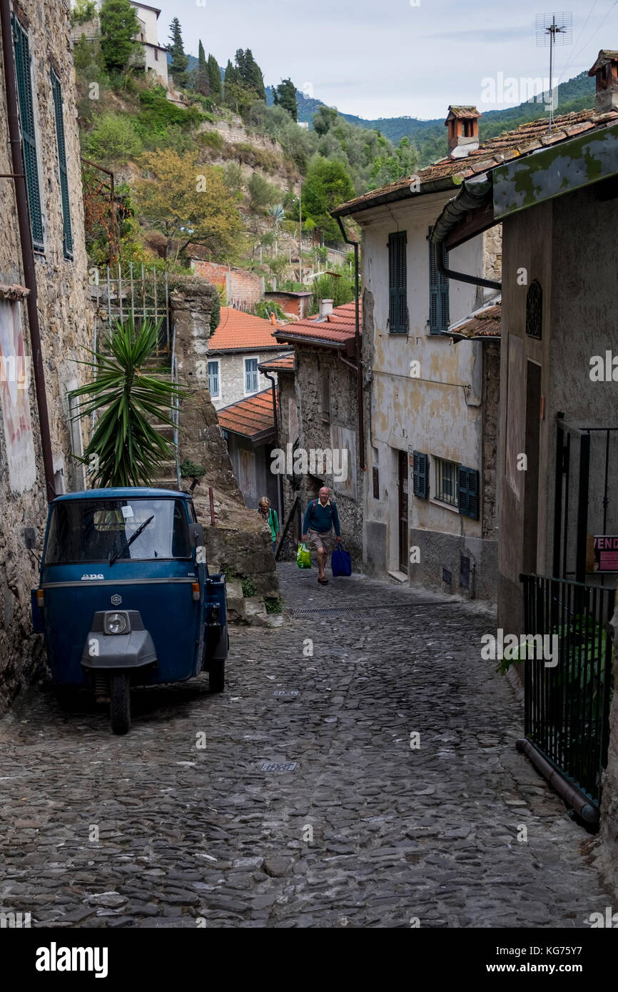 A view of the village of Apricale, Italy. Apricale is a town in the ...