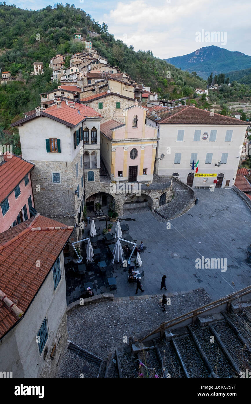 A view of the village of Apricale, Italy. Apricale is a town in the ...