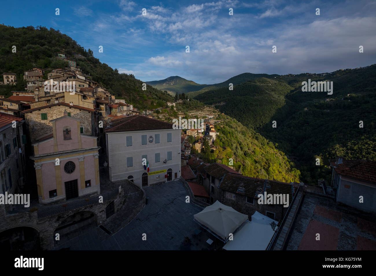 A view of the village of Apricale, Italy. Apricale is a town in the ...