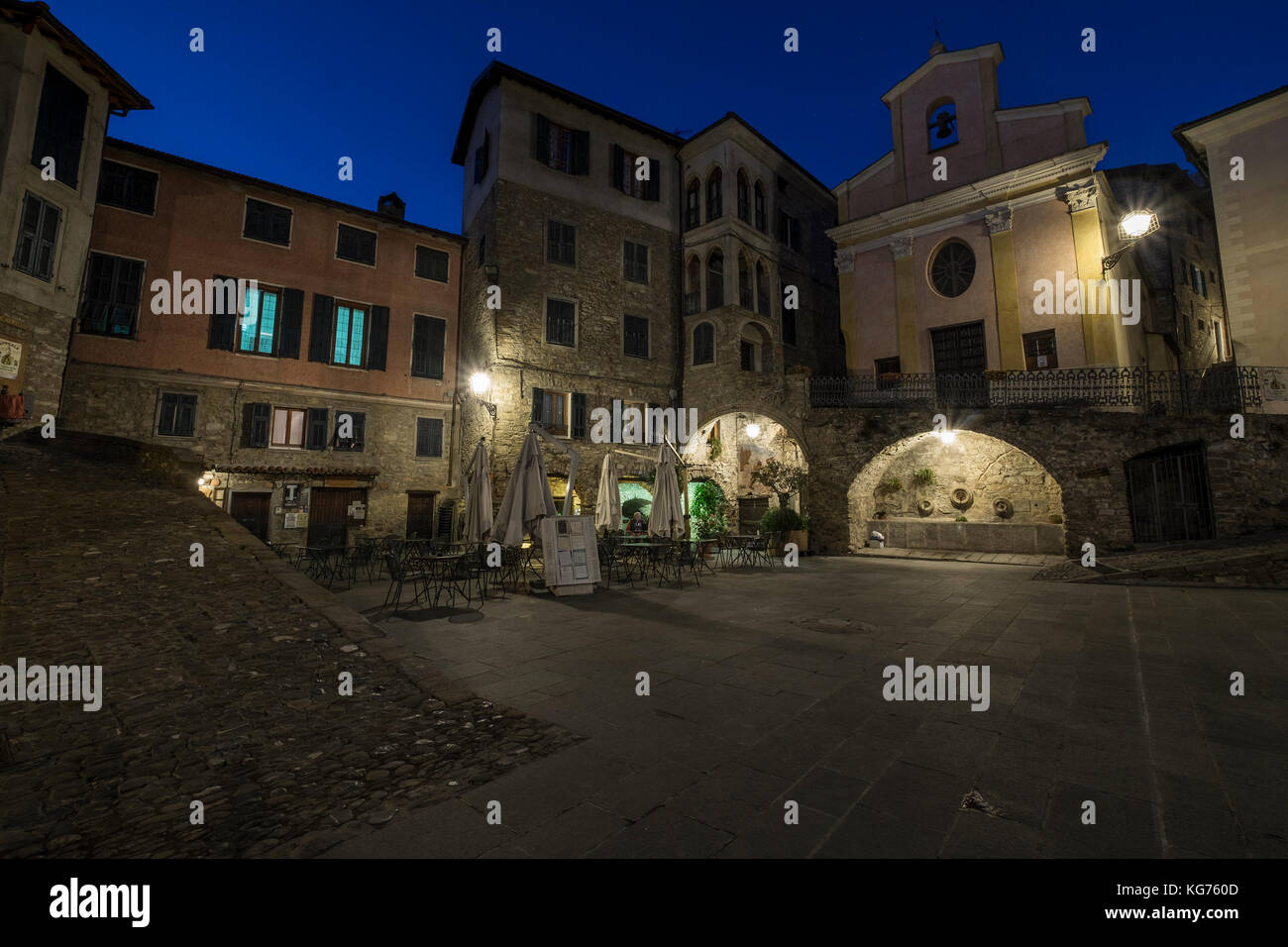 A night view of the village of Apricale, Italy. Apricale is a town in ...