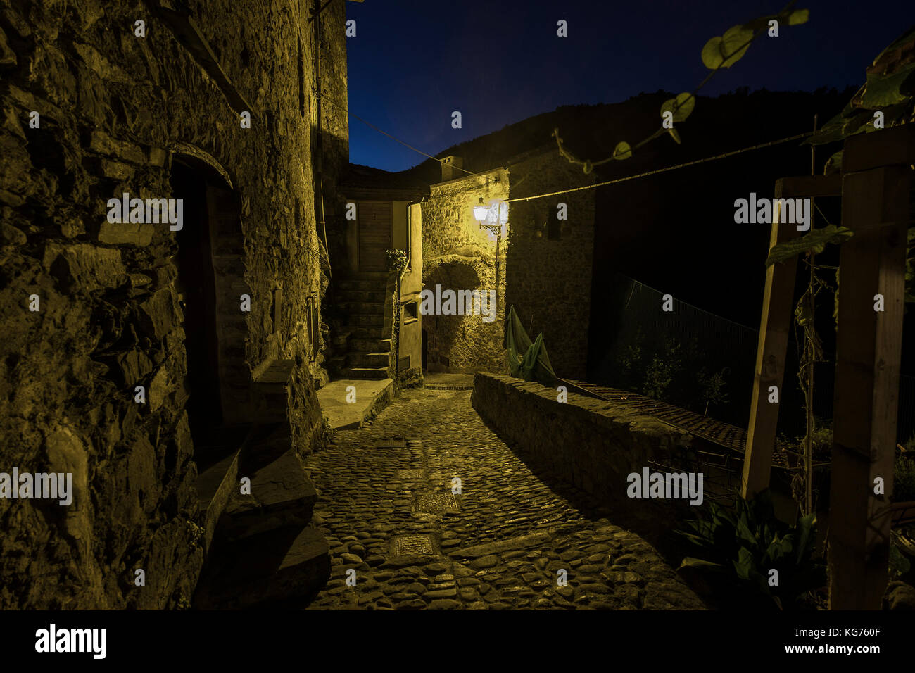 A night view of the village of Apricale, Italy. Apricale is a town in ...