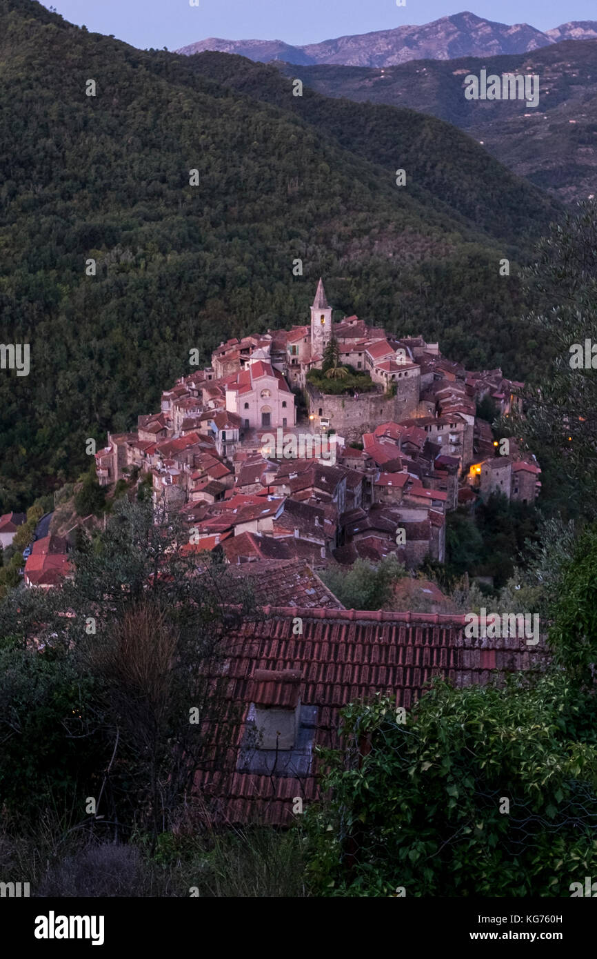 A view of the village of Apricale, Italy. Apricale is a town in the ...