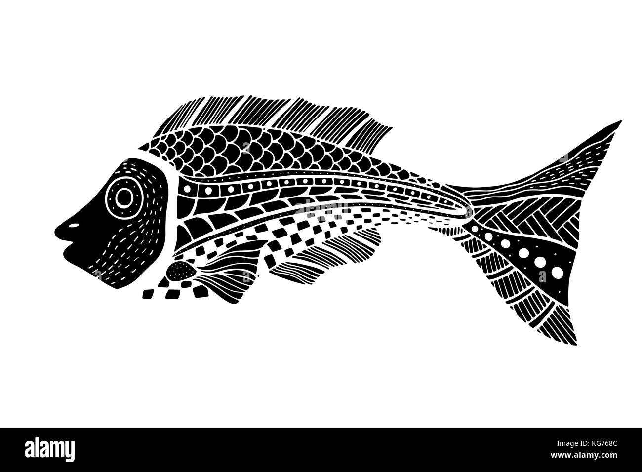 Monochrome Tangle Patterns stylized Fish. Hand Drawn doodle vector ...