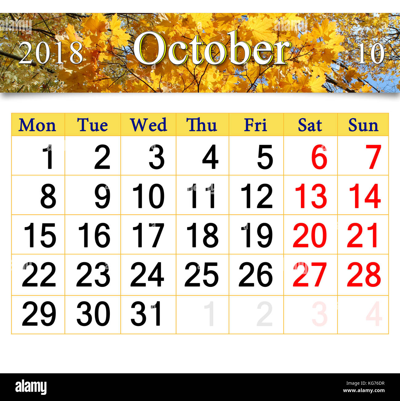 calendar for October 2018 with the image of yellow maple leaves Stock ...