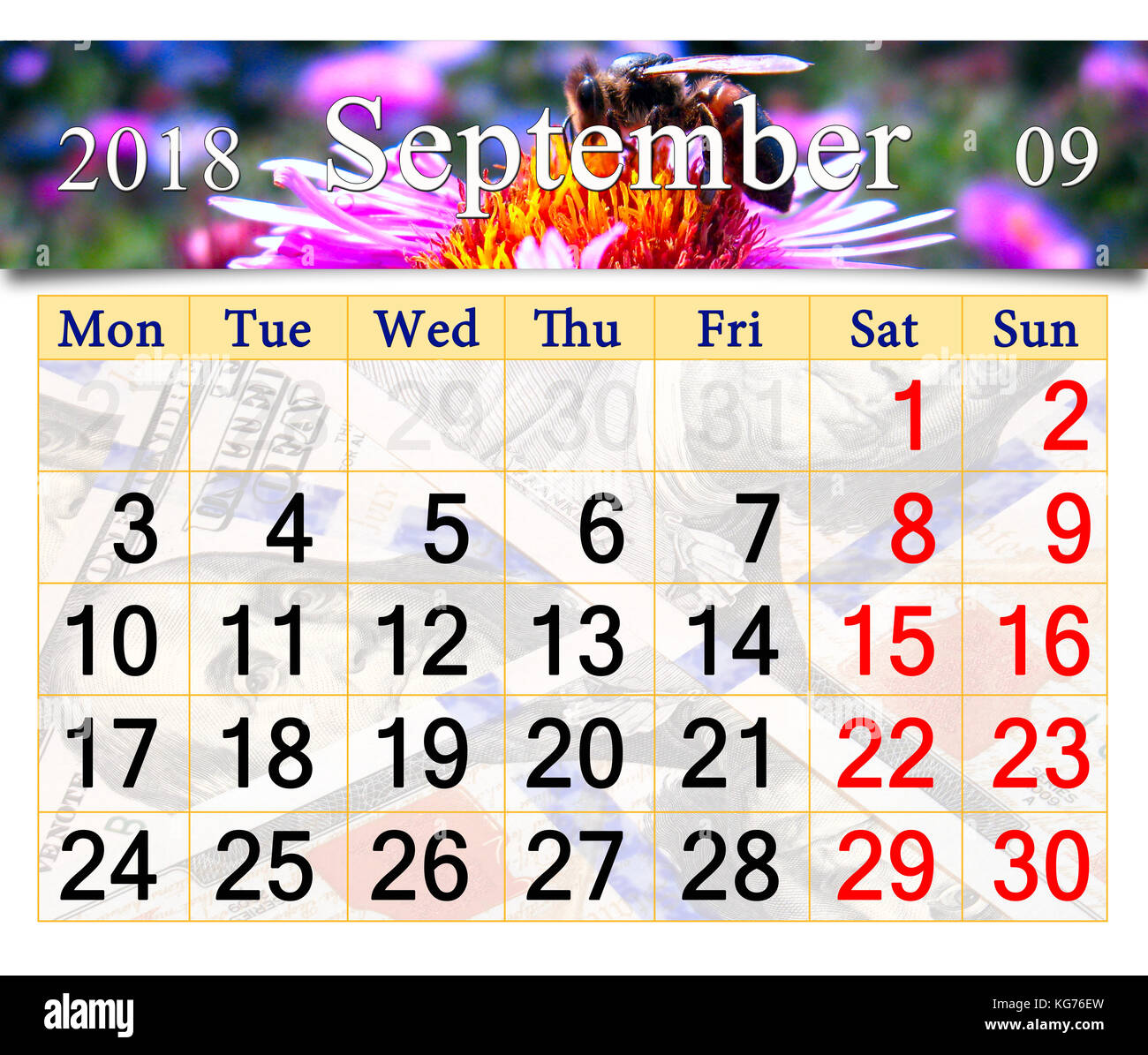 calendar for October 2018 with bee collecting nectar on the aster Stock ...