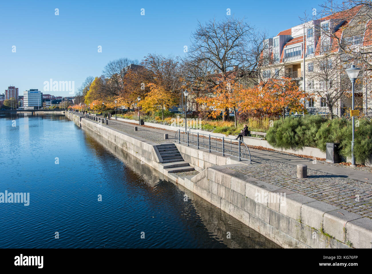Saltangen waterfront and Motala river in Norrkoping. Norrkoping is a ...