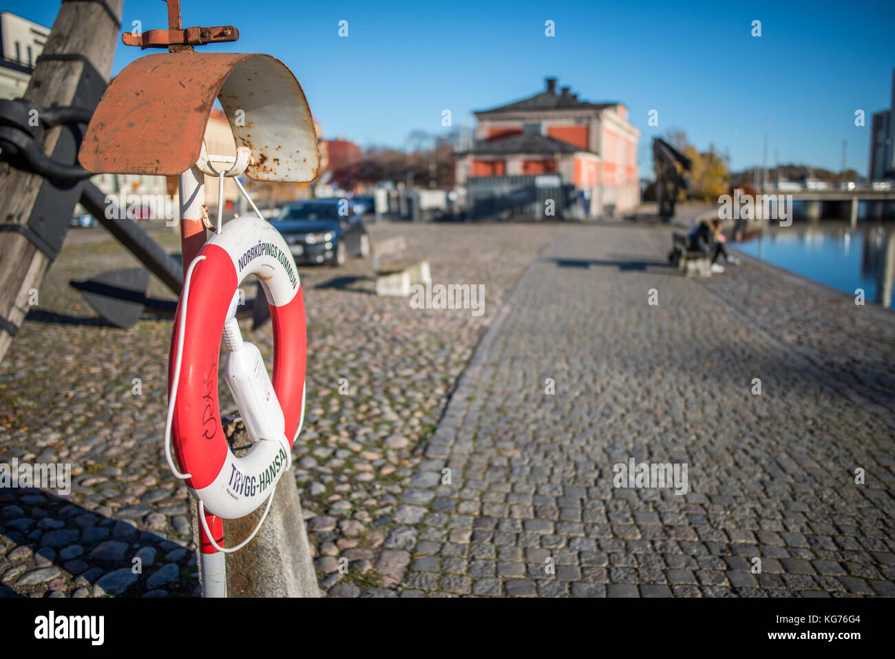 Saltangen waterfront and Motala river in Norrkoping. Norrkoping is a ...