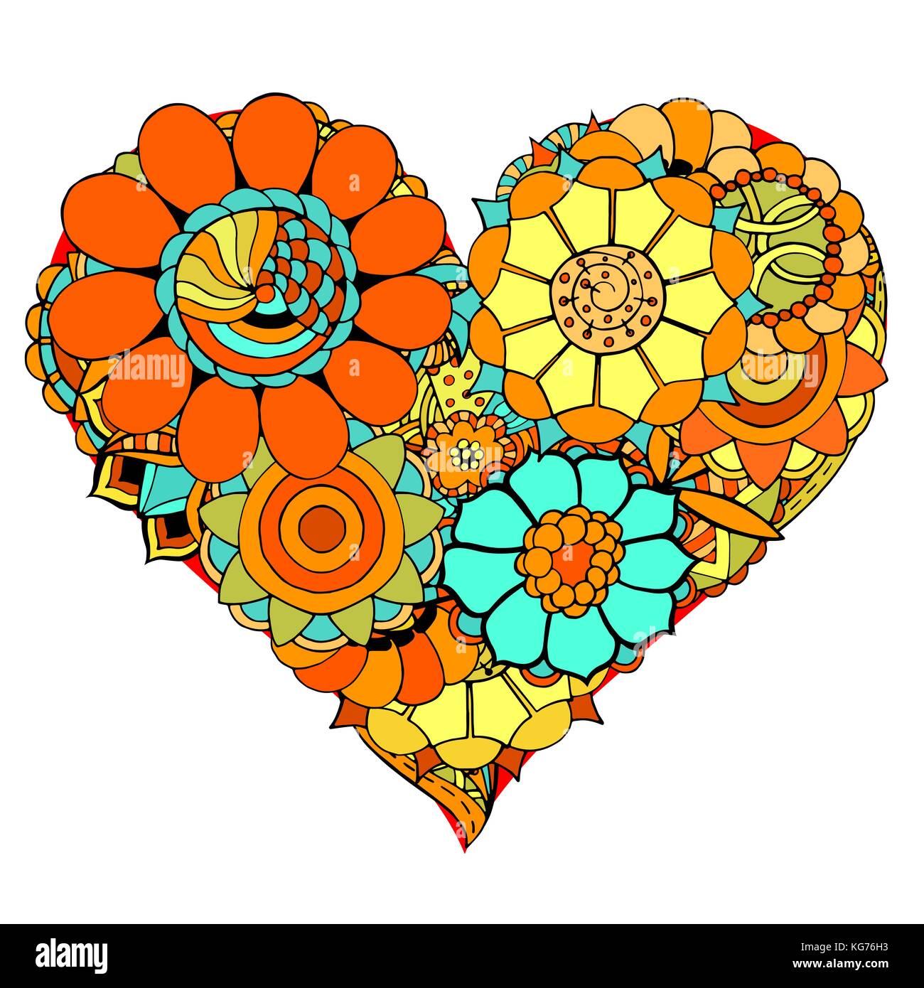 Hand drawn Heart of flower doodle background. Vector illustration Stock ...