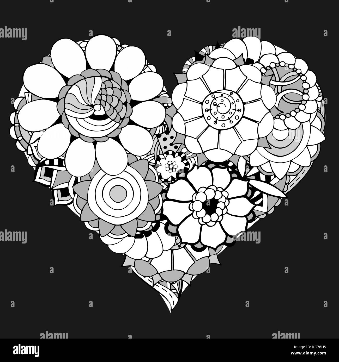Hand drawn Heart of flower doodle background. Vector illustration Stock ...