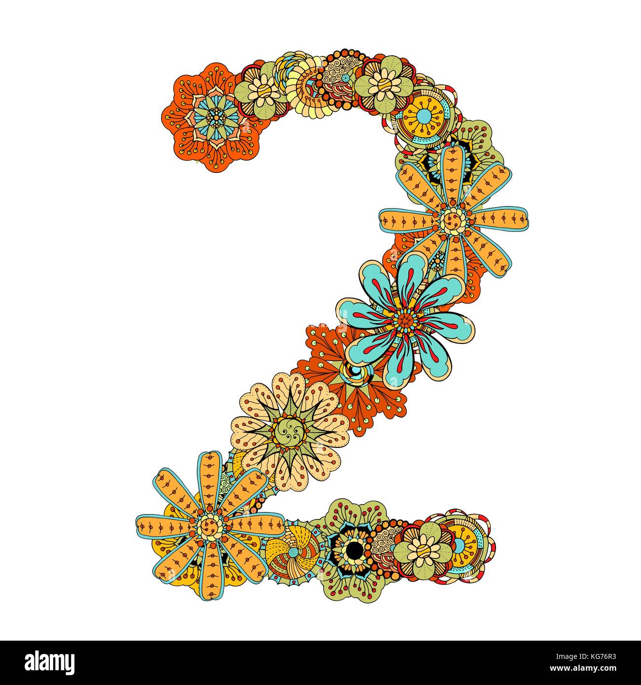 number Two of hand drawn flowers. Floral numerals. Vector illustration ...