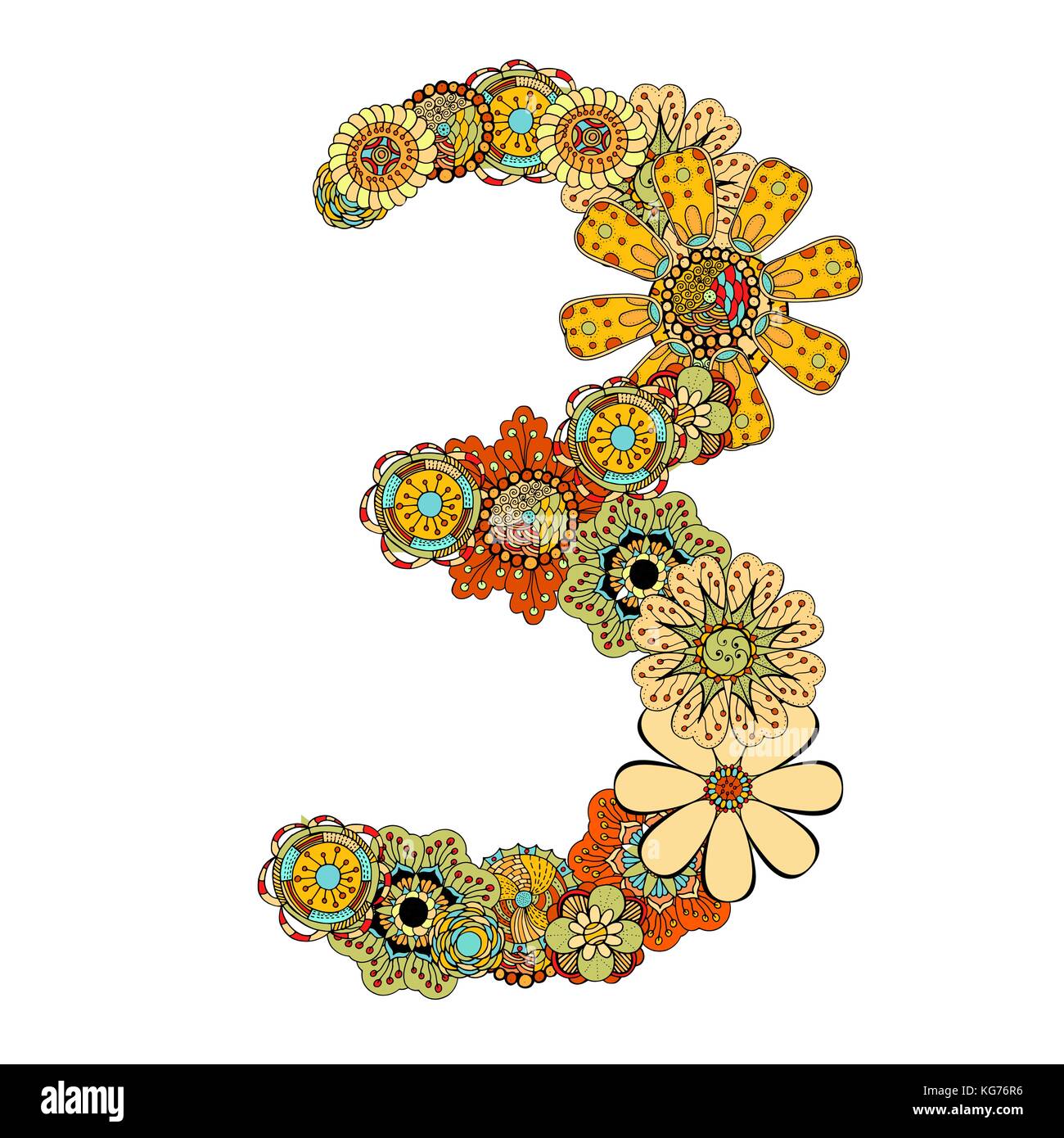 number three of hand drawn flowers. Floral numerals. Vector ...