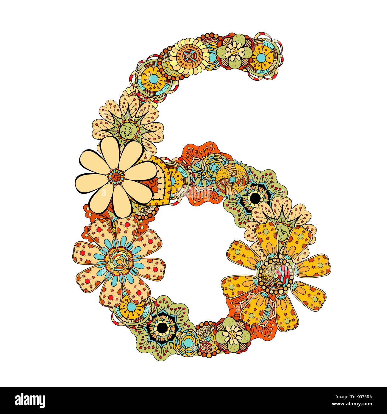 number Six of hand drawn flowers. Floral numerals. Vector illustration ...
