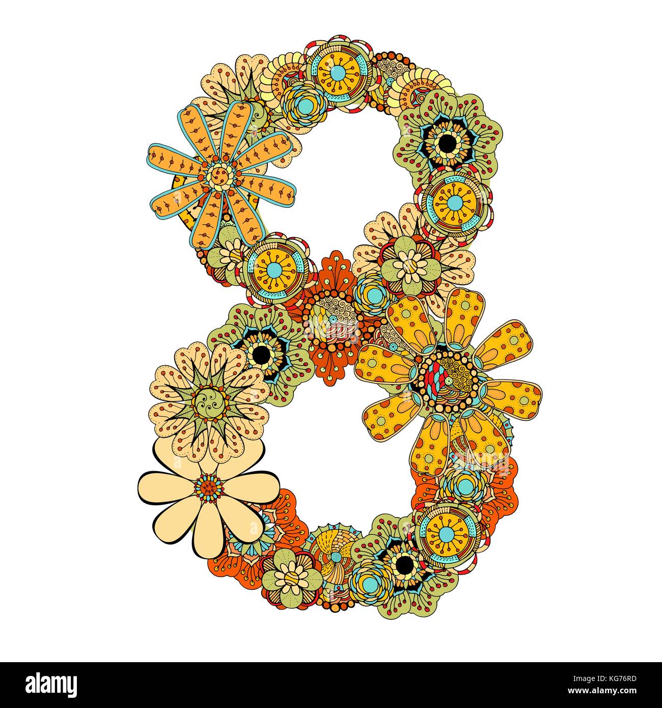 number eight of hand drawn flowers. Floral numerals. Vector ...