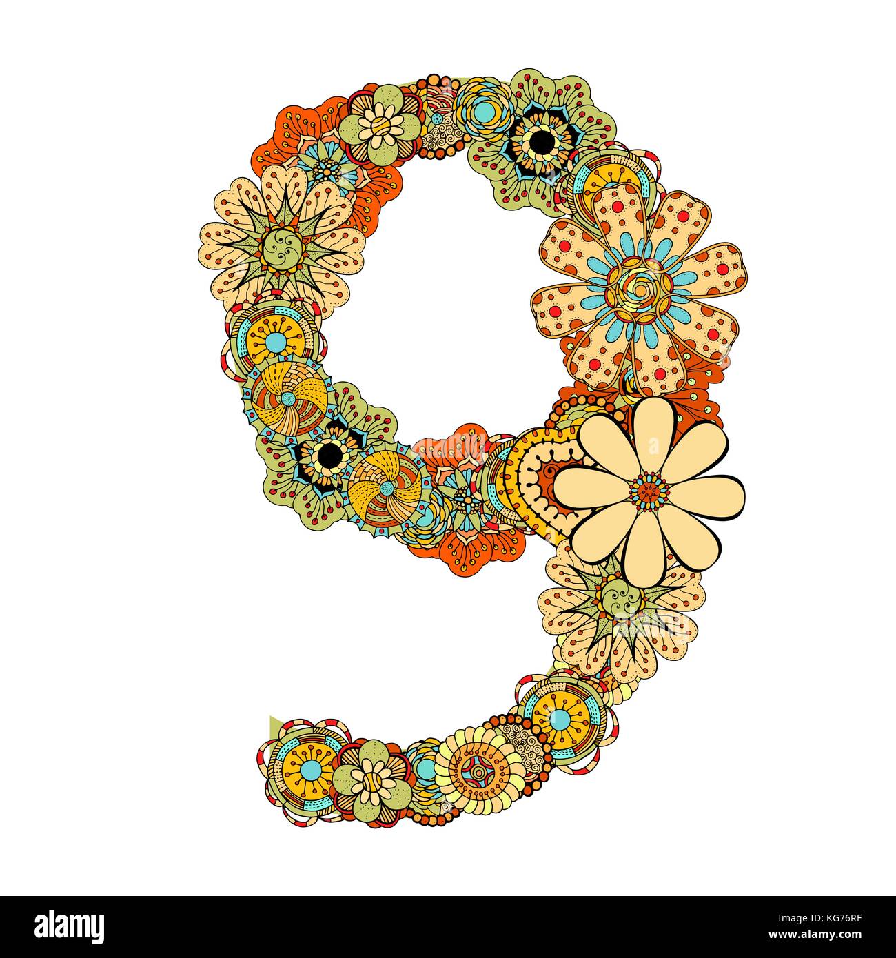 number nine of hand drawn flowers. Floral numerals. Vector illustration ...