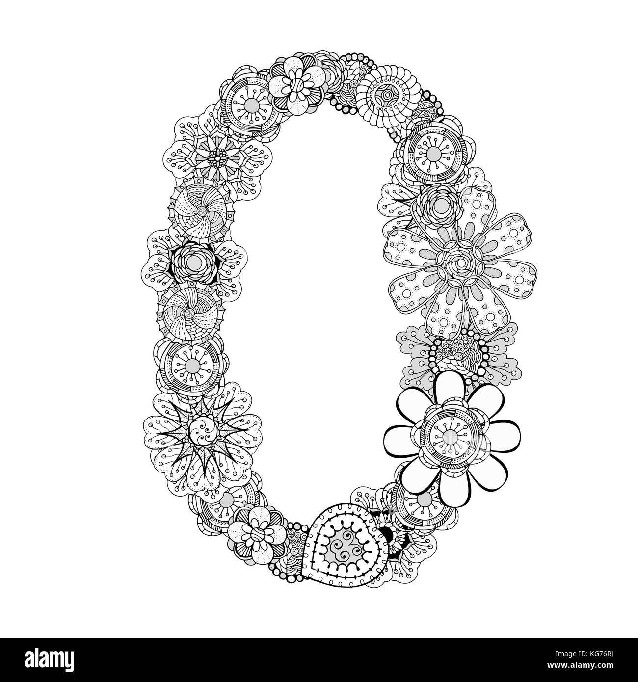 Monochrome number zero of hand drawn flowers. Floral numerals. Vector ...