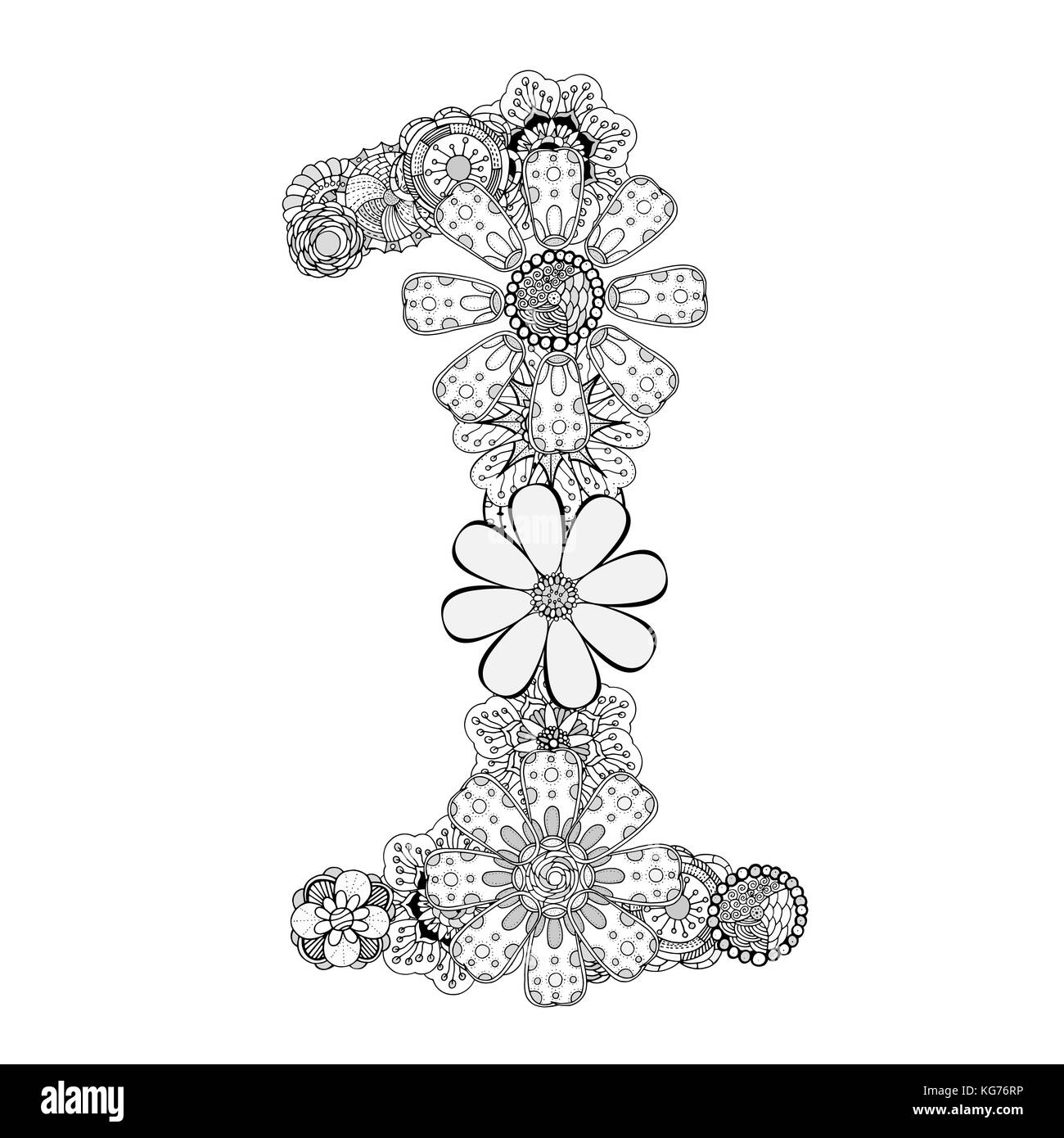 Monochrome number One of hand drawn flowers. Floral numerals. Vector ...