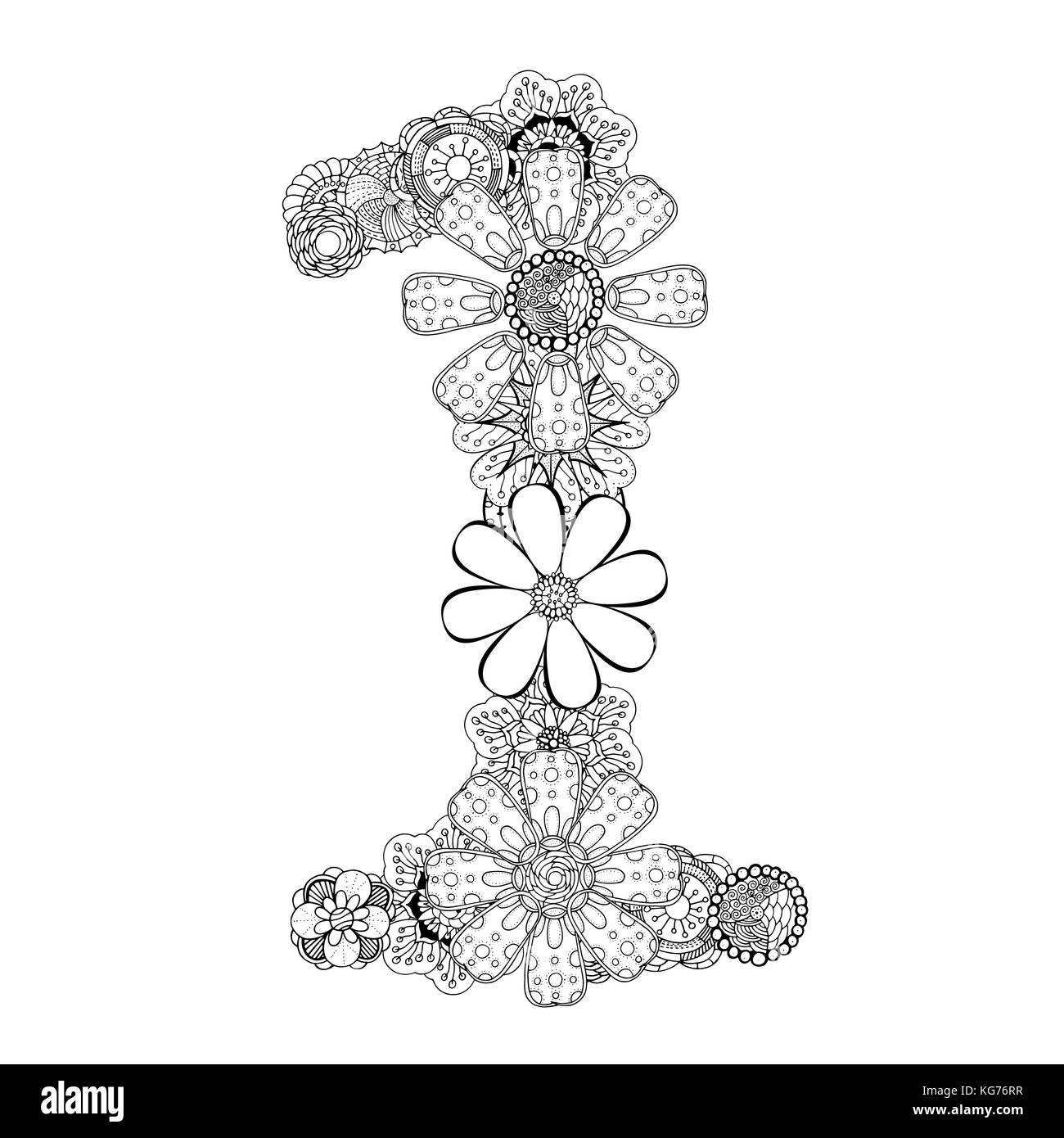Monochrome number One of hand drawn flowers. Floral numerals. Vector ...
