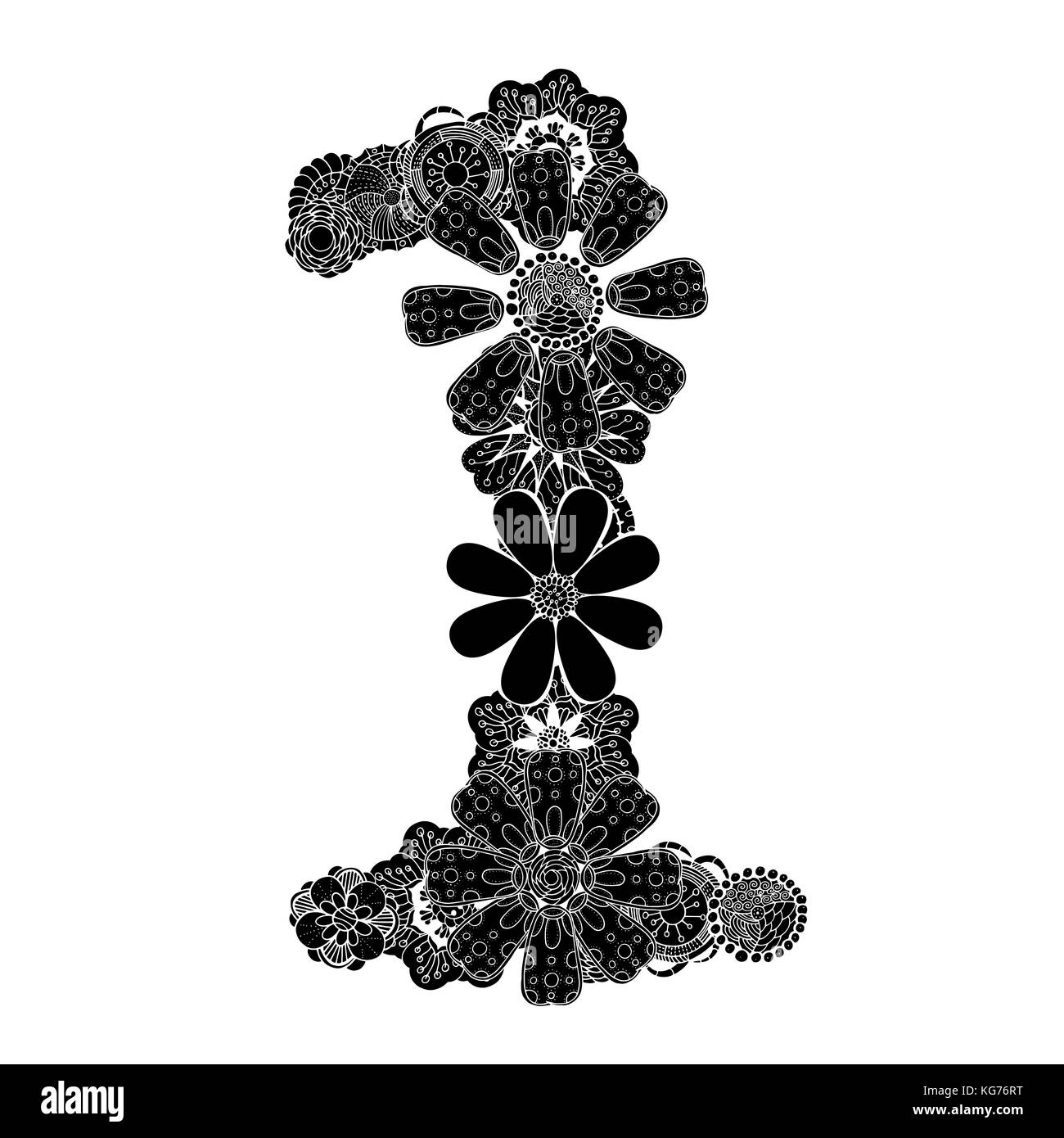 Monochrome number One of hand drawn flowers. Floral numerals. Vector ...