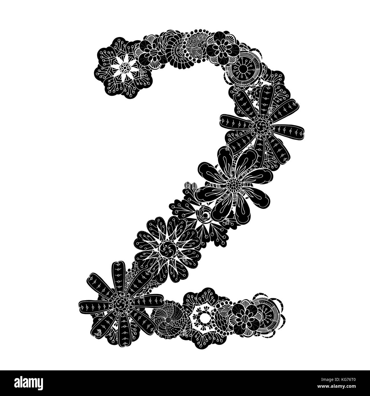 Monochrome number Two of hand drawn flowers. Floral numerals. Vector ...