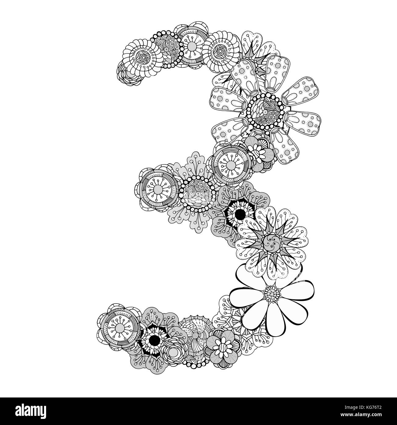 Monochrome number three of hand drawn flowers. Floral numerals. Vector ...