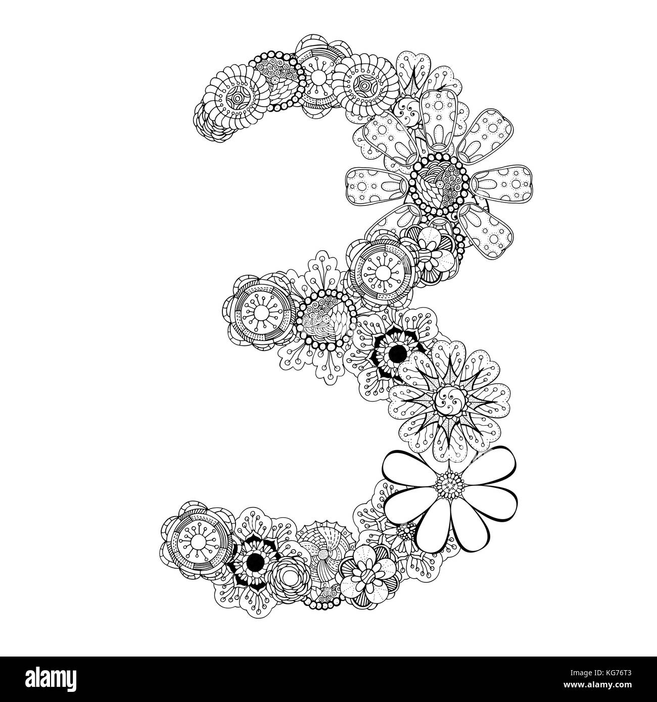 Monochrome number three of hand drawn flowers. Floral numerals. Vector ...