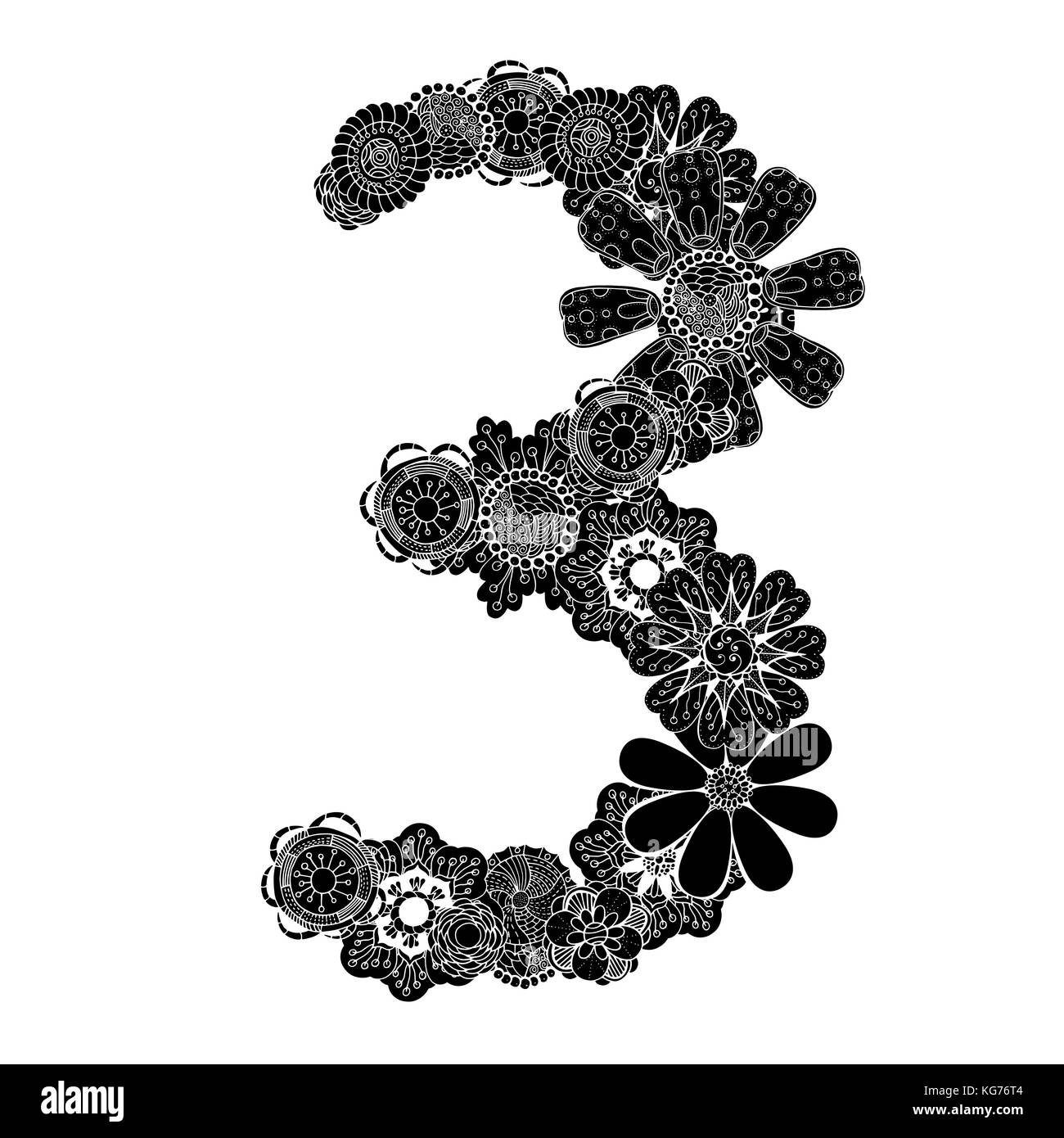 Monochrome number three of hand drawn flowers. Floral numerals. Vector ...