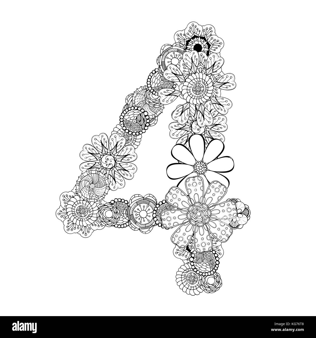 Monochrome number four of hand drawn flowers. Floral numerals. Vector ...