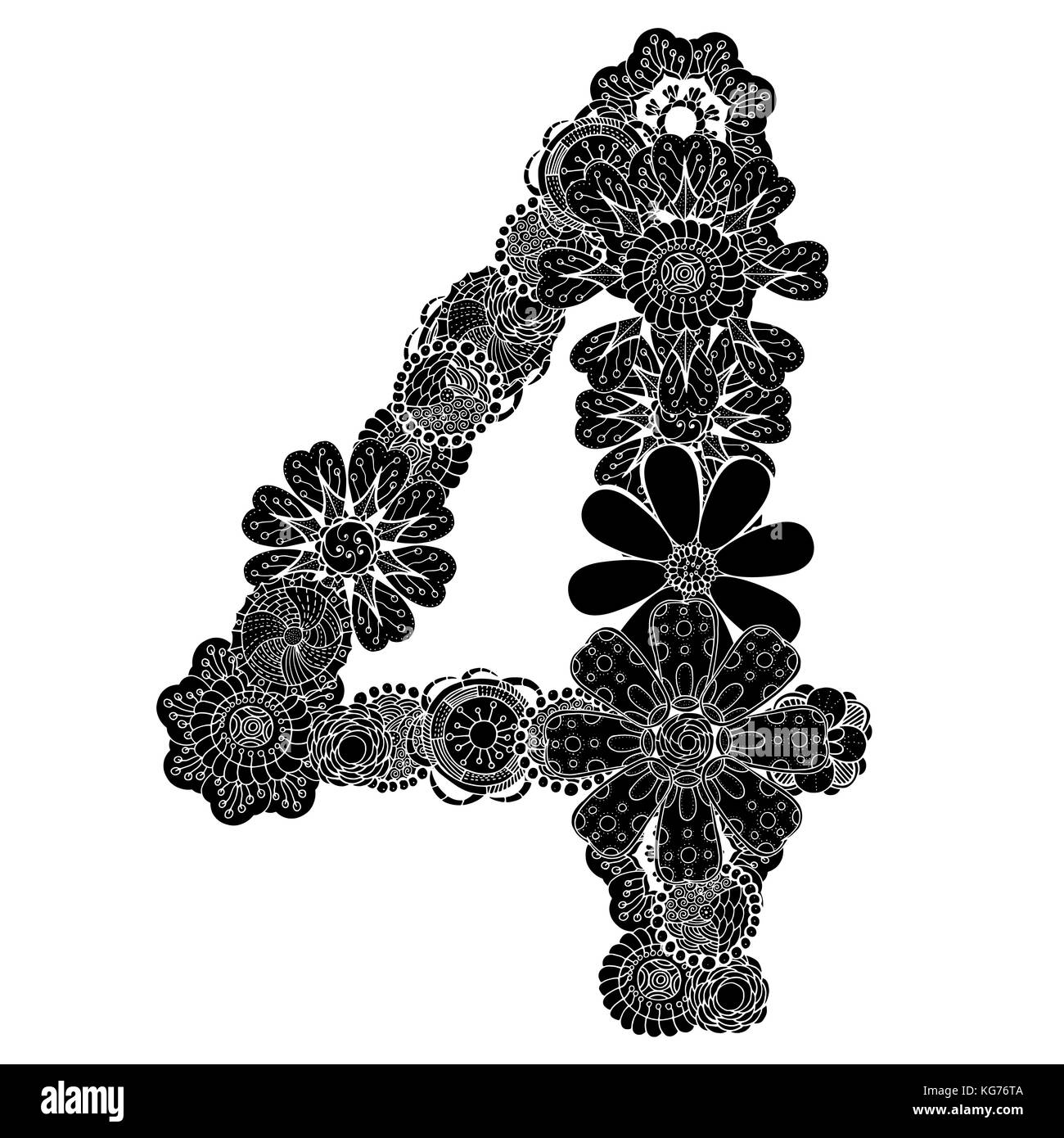 Monochrome number four of hand drawn flowers. Floral numerals. Vector ...