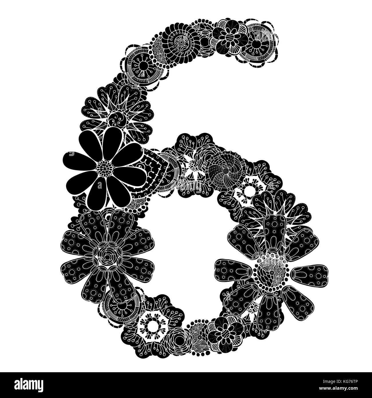 Monochrome number Six of hand drawn flowers. Floral numerals. Vector ...