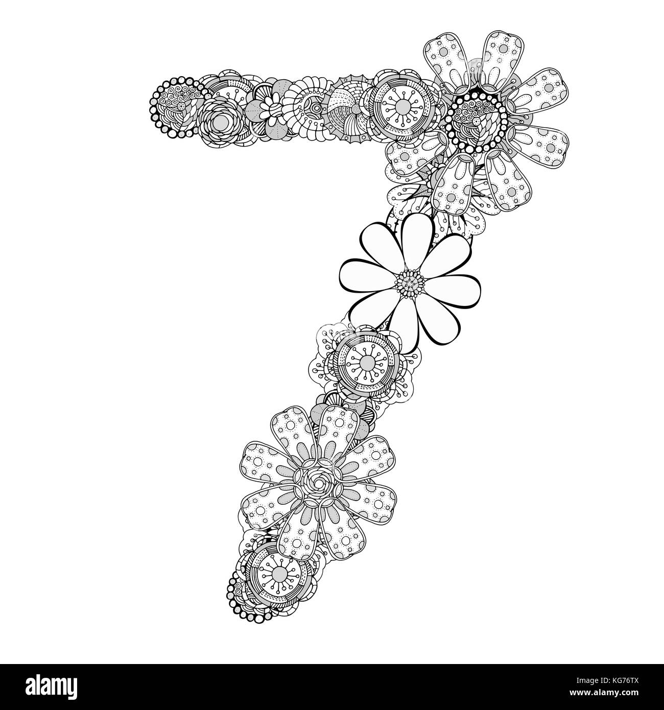 Monochrome number seven of hand drawn flowers. Floral numerals. Vector ...
