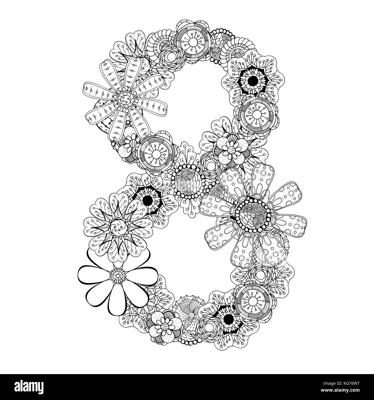 Monochrome number eight of hand drawn flowers. Floral numerals. Vector ...
