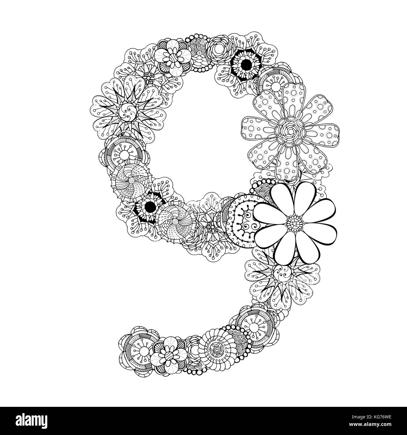 Monochrome number nine of hand drawn flowers. Floral numerals. Vector ...