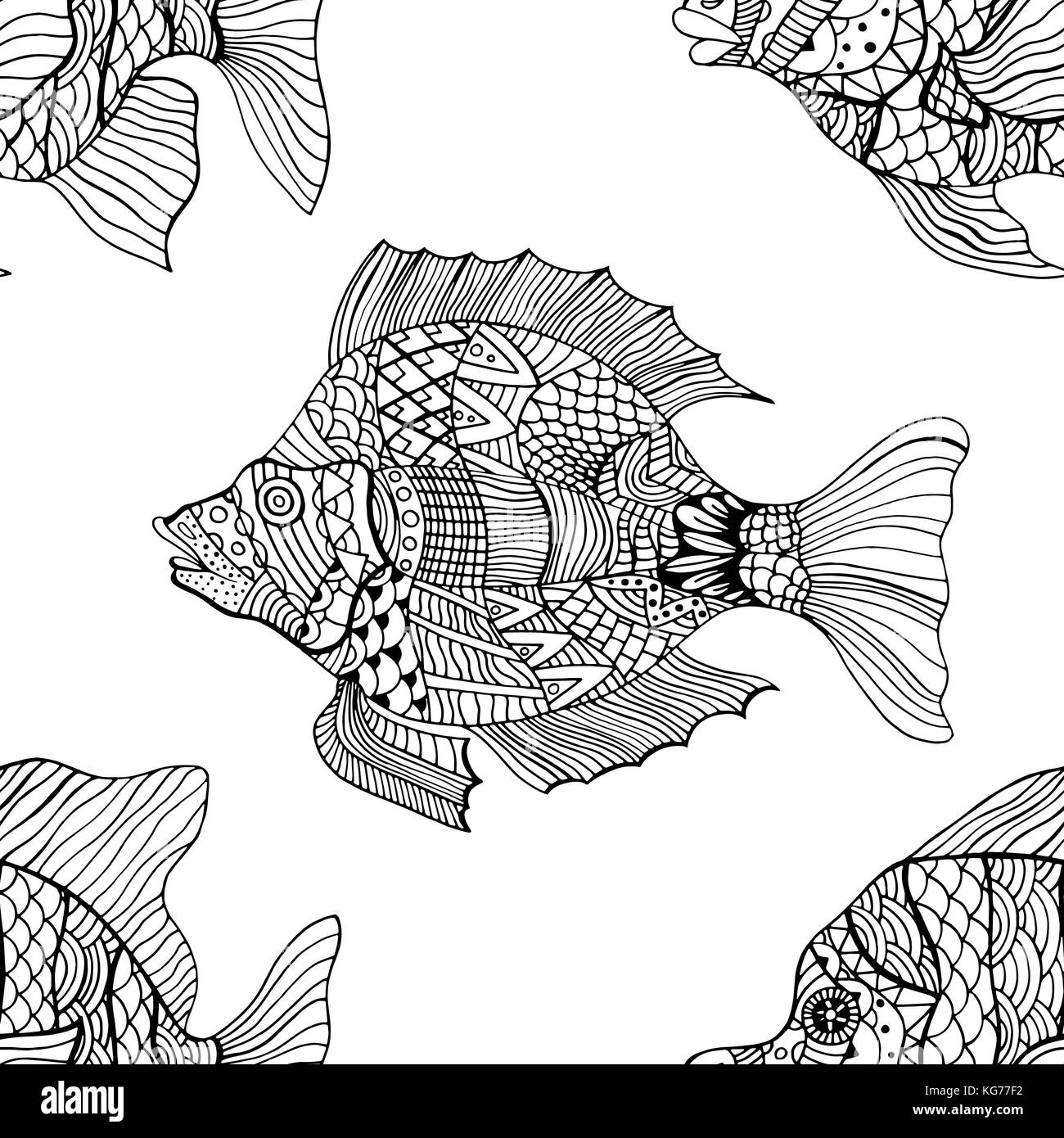 Black and white Seamless art fish background. Vector illustration image ...