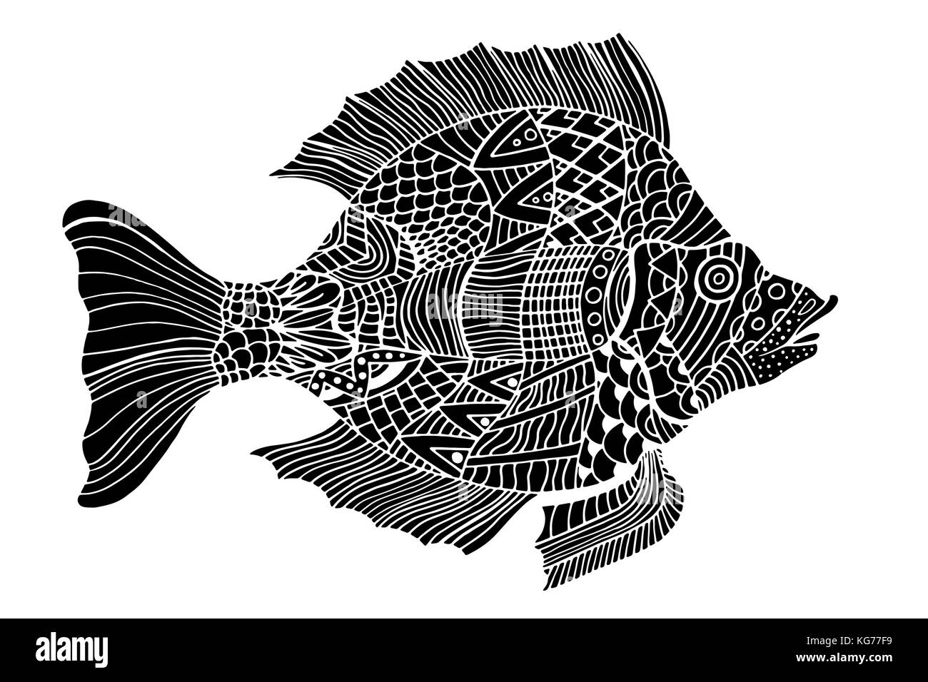Monochrome art stylized Fish. Hand Drawn doodle vector illustration ...