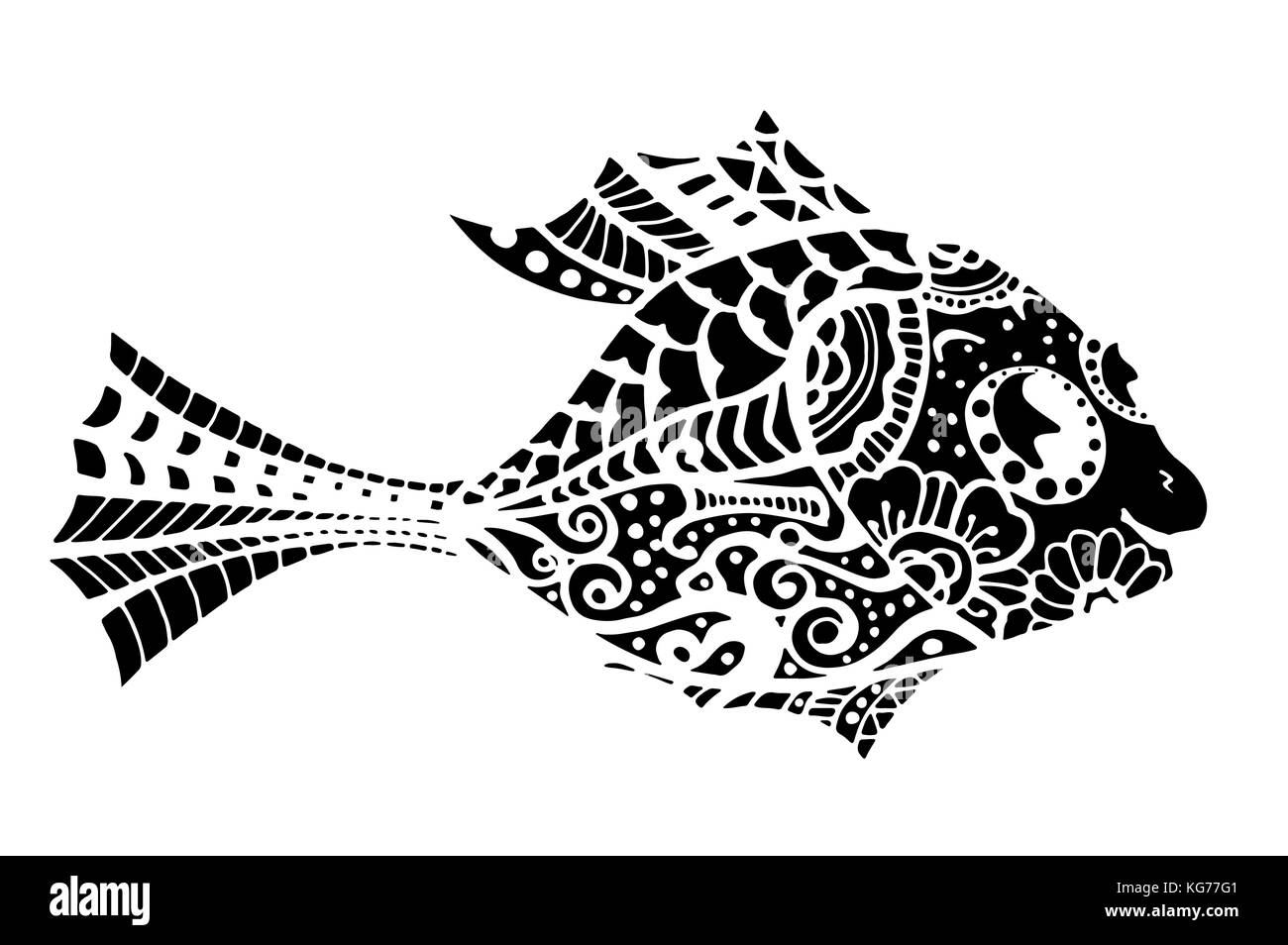 Monochrome art stylized Fish. Hand Drawn doodle vector illustration ...