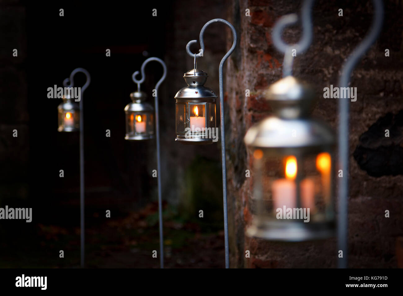 A row of outdoor christmas candles with focus on the second one Stock ...