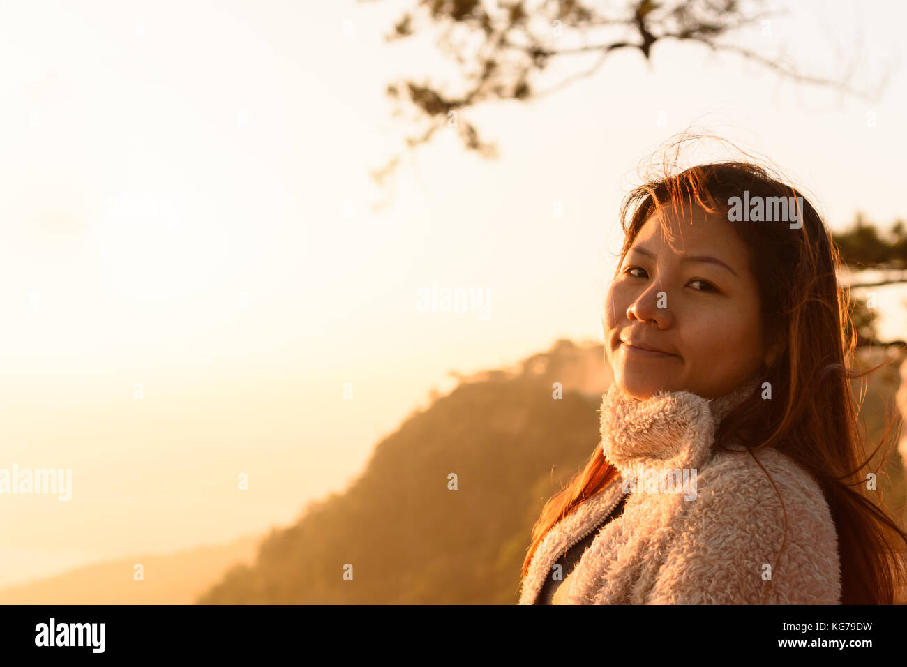 closeup woman face feeling fresh with sunrise in the morning Stock ...