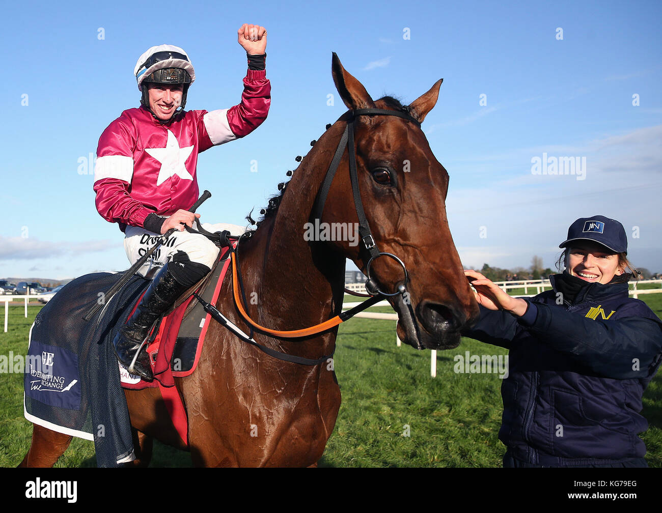 Jockey Jack Kennedy celebrates winning the JNwine.com Champion ...