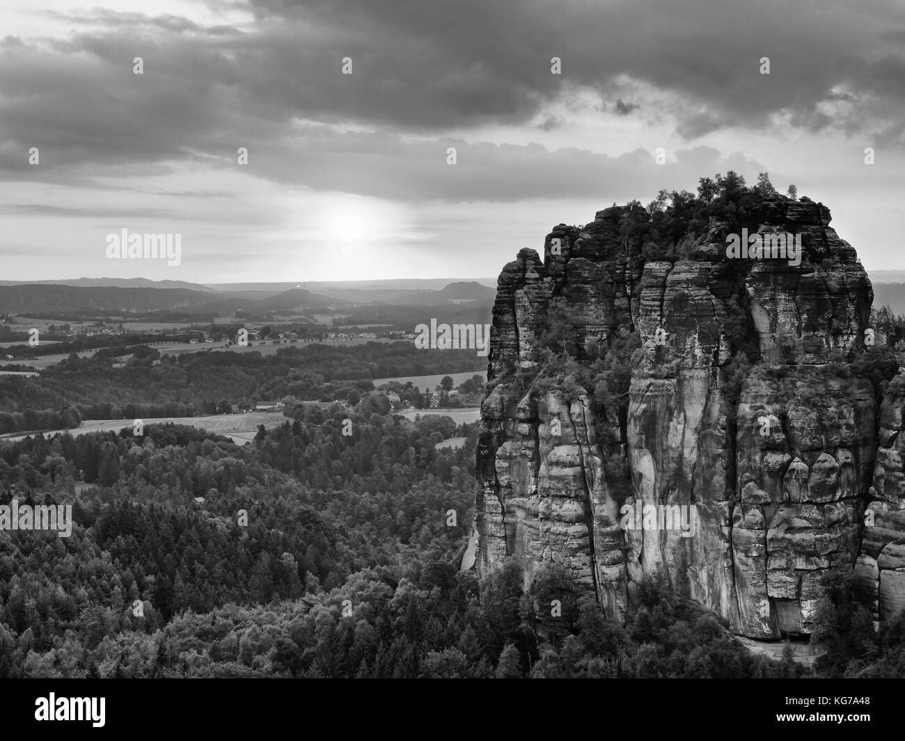 Autumn evening view over sandstone rocks to fall valley of Saxony ...