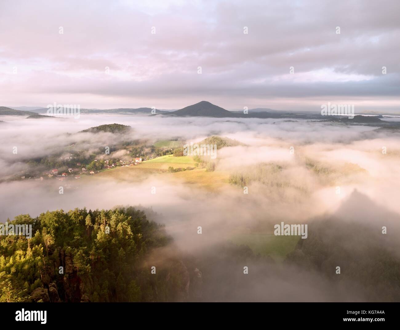 Spring misty landscape. Morning in beautiful hills of natural park ...