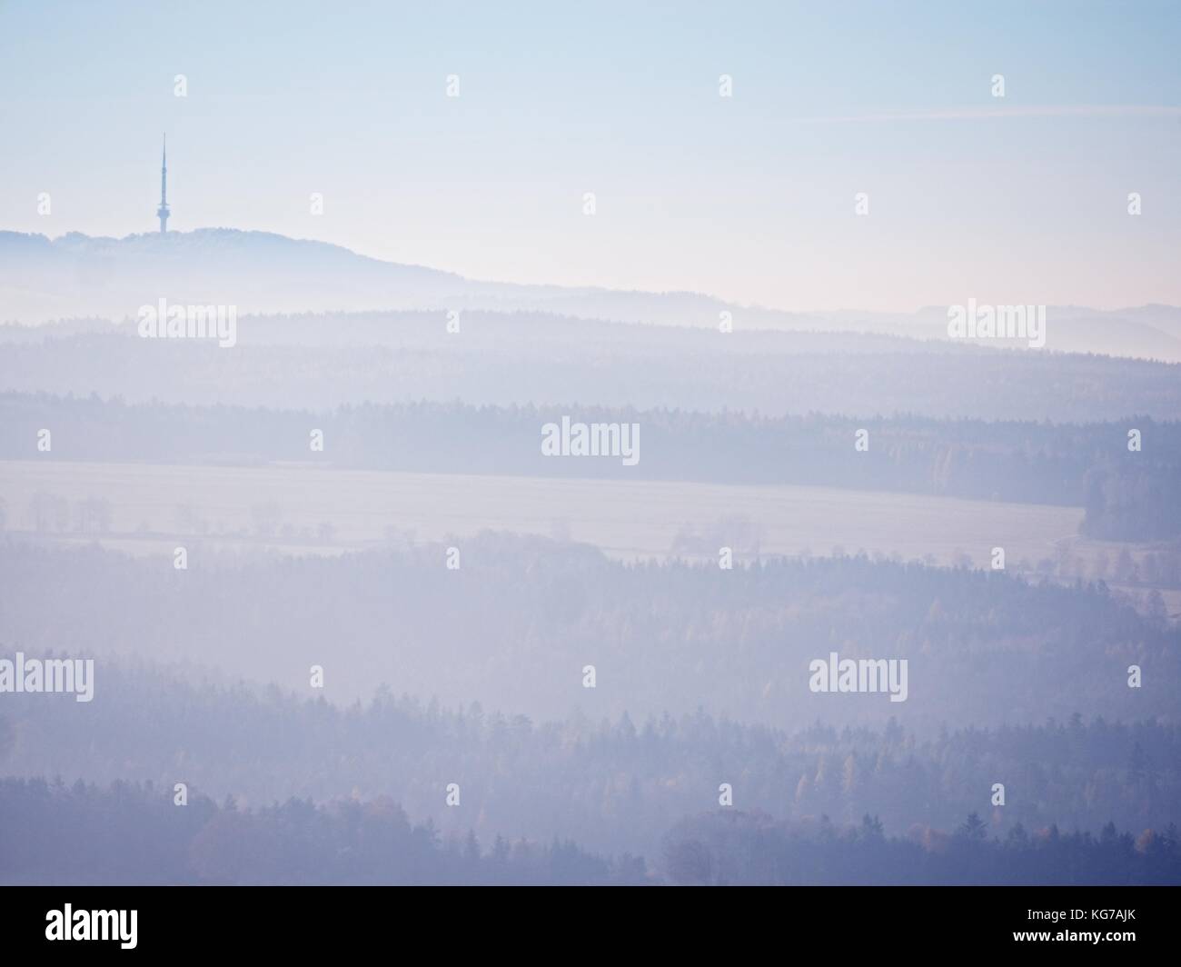 Scenic sunrise in the mountains, gradation of color clouds. Misty ...