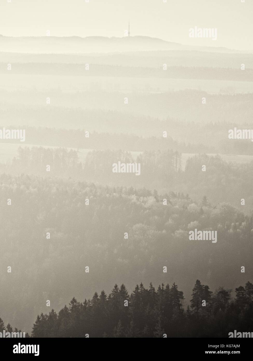 Scenic sunrise in the mountains, gradation of color clouds. Misty ...