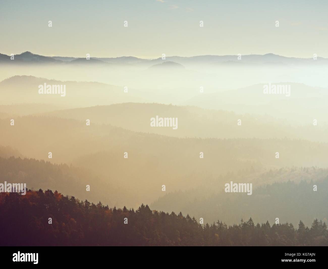 Scenic sunrise in the mountains, gradation of color clouds. Misty ...