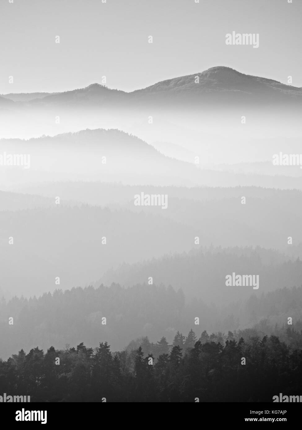 Scenic sunrise in the mountains, gradation of color clouds. Misty ...